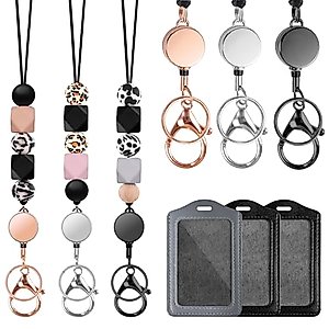 kioooki Rectractable Lanyards for ID Badges and Keys with ID Holder, Cute Beaded Teacher Lanyard with Badge Reel, Breakaway Cruise Lanyard for Women with 6 Clear Badge Holders