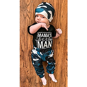 HIHA Preemie Newborn Baby Boy Clothes Set Short Sleeeve Romper Camoflauge Pants Hat 3PCS Mamas Man Outfit Mamas Little Boy Print (Blue Camo, Preemie)