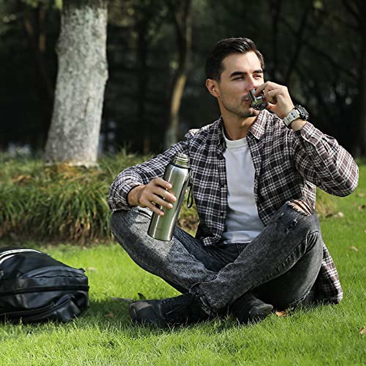 GOOFIT Insulated Thermos with Cup Outdoor Sports Stainless Steel Thermos Vacuum Sealed Coffee Bottle Travel Mug Thermos Flask BPA Free Keeps Cold 24H Hot 24H 27Oz Silver