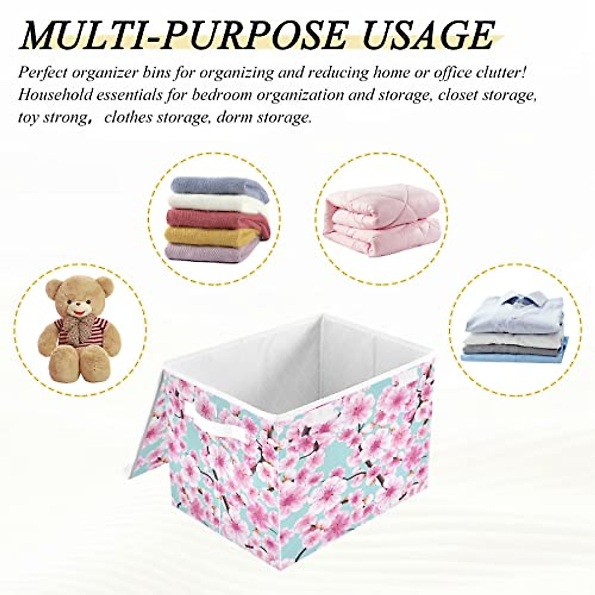 Kigai Cute Flowers Pink Storage Basket with Lid Collapsible Storage Bin Fabric Box Closet Organizer for Home Bedroom Office 1 Pack