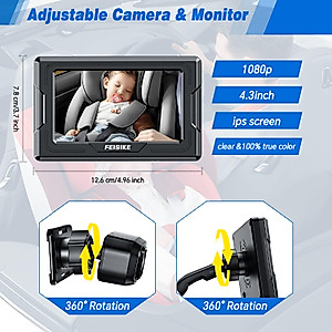 FEISIKE Baby Car Camera, 4.3'' Back Seat Baby Car Camera Mirror for Crystal Infrared Night Vision, 360° Rotation & 149° Wide View, 3 Mins Easy Installation