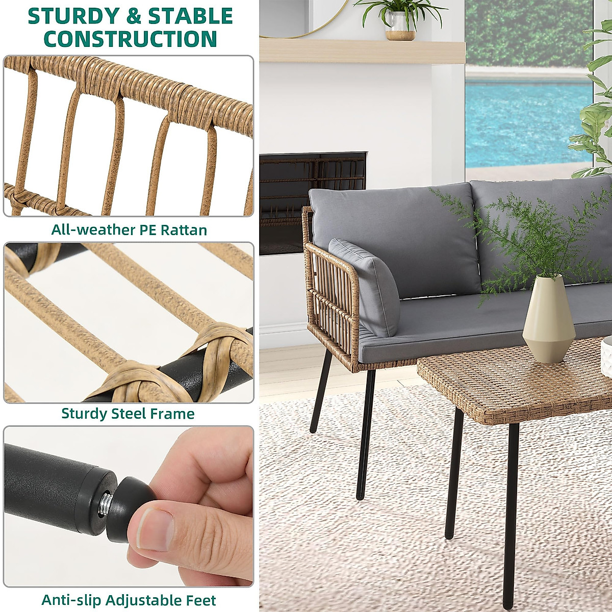 YITAHOME 4 Pieces Sectional Sofa Couch, L-Shaped Sofa with 5 Seater for Living Room, Detachable Lounger with Thickness Cushions and Side Table - Grey