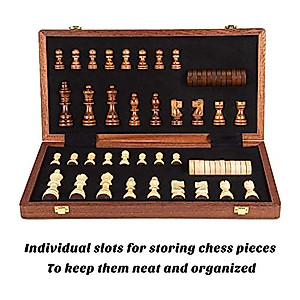 AMEROUS 15 Inches Magnetic Wooden Chess & Checkers Set (2 in 1) - Folding Board -Gift Box Packed -24 Cherkers Pieces -2 Extra Queens - Chessmen Storage Slots, Beginner Chess Set for Kids and Adults