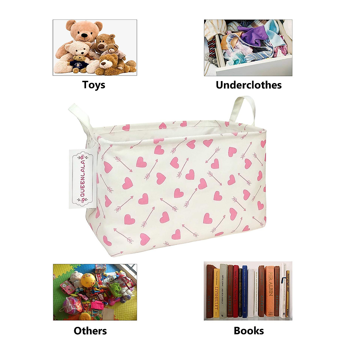 QUEENLALA Rectangular Laundry Hamper/Foldable Nursery Laundry Basket for Organizing/Storage Bin Baskets/Children Toy Office Bedroom/Toy Bin Closet Shelf Baskets（Rec-Pink-Heart Arrow）