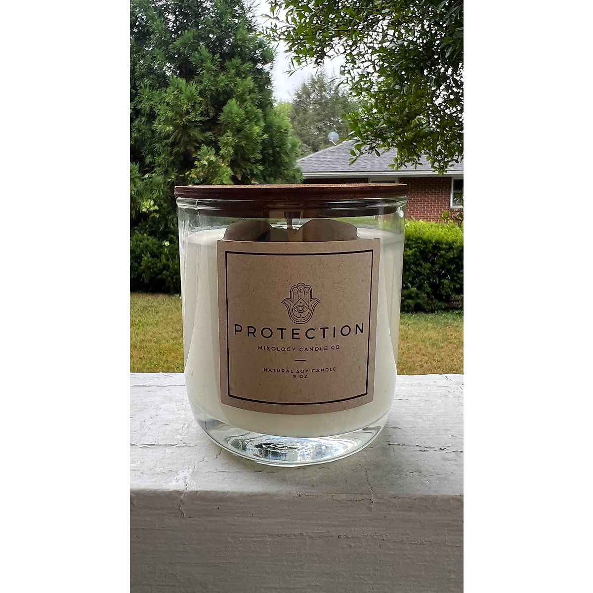 Evil Eye Protection Candle, Pink Quartz, Amethyst Infused, Lavender and Chamomile Scent, 10 oz Glass Jar with Hamsa Hand Positive Energy Beeswax and Soy Wax