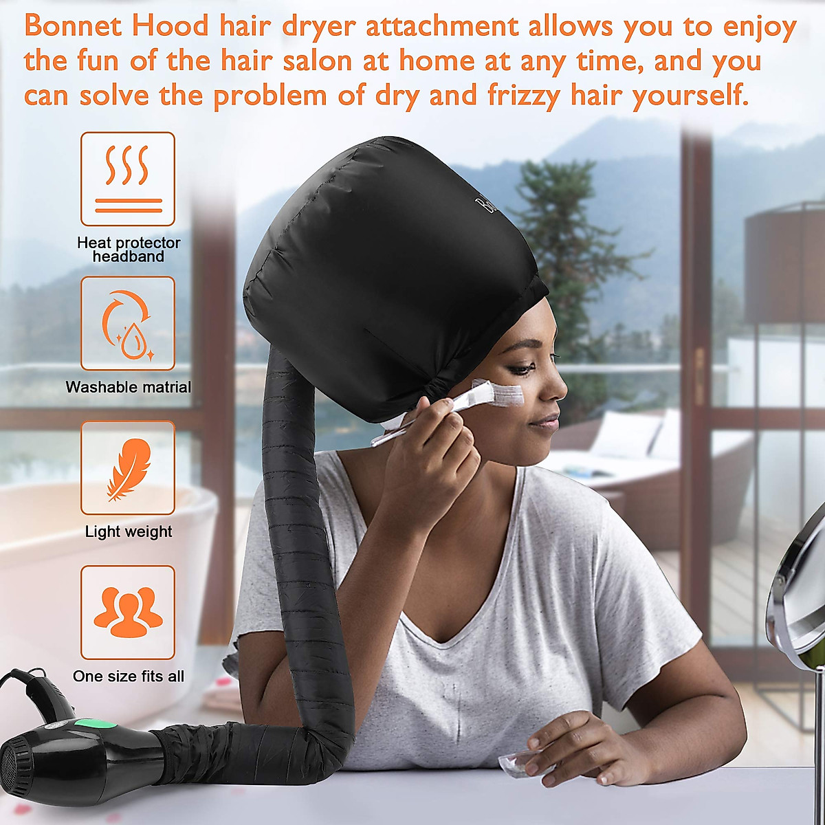 Hair Dryer Bonnet, Large Bonnet Hooded Hair Dryer Attachment for Speeds Up Drying Time & Deep Conditioning, Fits All Head Sizes & All Hair Styling, for Women Long Curly Braid Hair (Black, Universal)