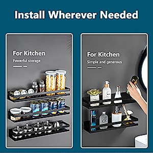 GEINIFAFA Rustproof Metal Storage Floating Shelves Wall Mounted Rectangular Shelf for Bedroom,Bathroom, Living Room, Kitchen, and Laundry Room,Nail-Free Wall-Mounted Shelves（15.75 Inch Black）