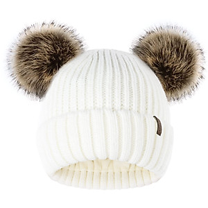 FURTALK Fleece Lined Cute Winter Beanie Hats for Women Girls Warm Knit Hats with Double Faux Fur Pom Poms