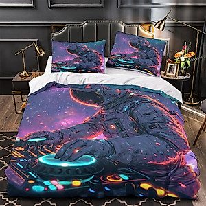 HEYLInGO Astronaut 3D Print Space DJ Quilt Cover Duvet Cover Comforter Covers for Teens and Adults with Pillow Cases Soft Microfiber Bedding Set with Zipper Closure 3 Pieces Twin（173x218cm）, Style-3
