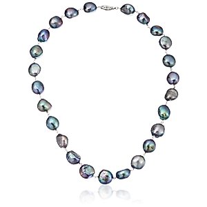 Sterling Silver 11-11.5mm Dyed-Black Baroque Freshwater Cultured Pearl Strand, 18"