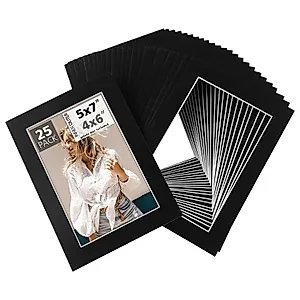Mat Board Center, Pack of 25, 5x7 for 4x6 Black Mats - Acid Free, 4-ply Thickness, White Core - for Pictures, Photos, Framing