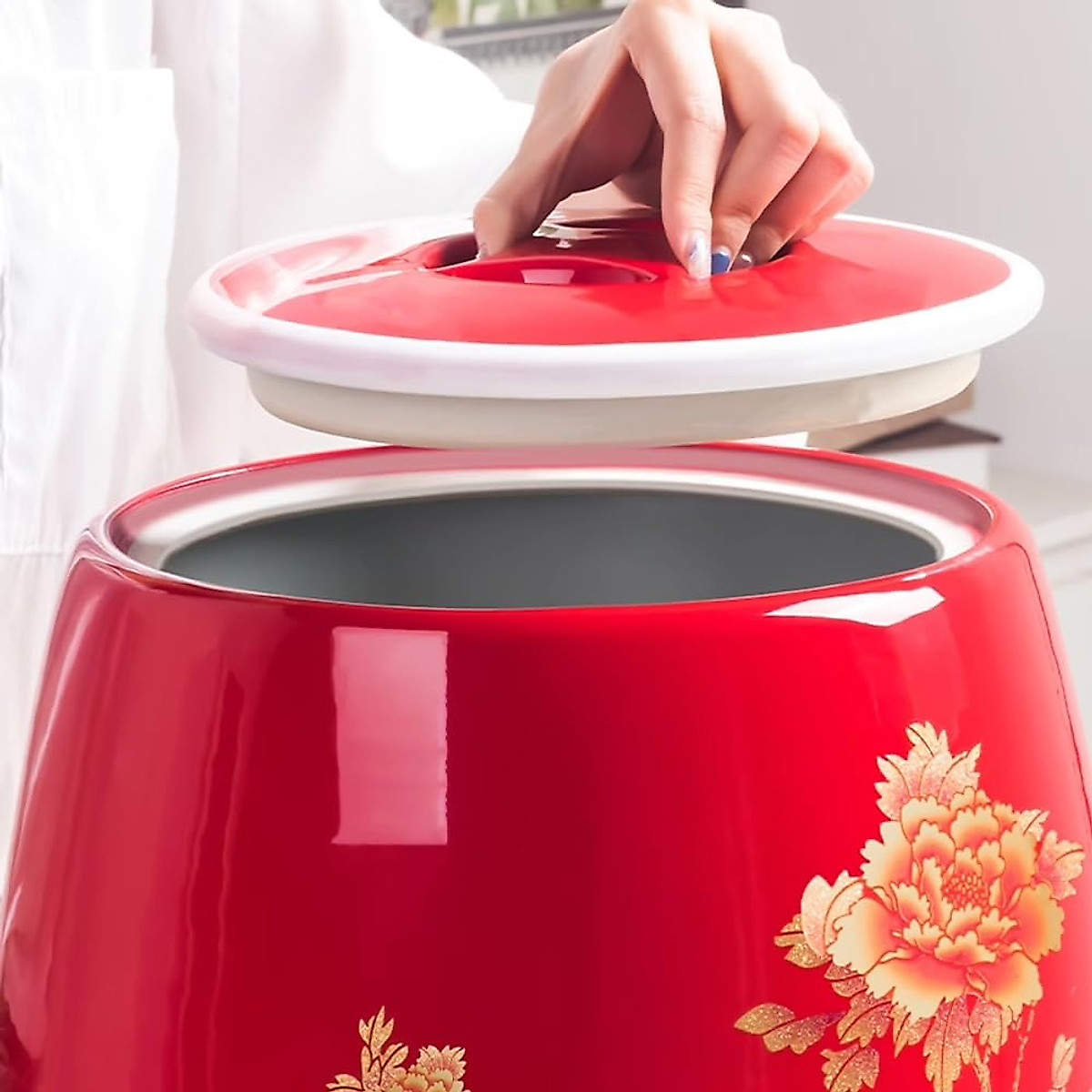 Ceramic Food Storage Jar Rice Storage Container Grain Storage Bin Ceramic Rice Bucket Rice Storage Box Sealed Rice Bin Cereal Rice Container for Kitchen(Red,15KG)