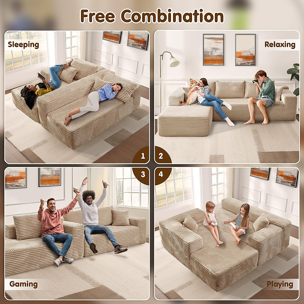 ovios 104" Cloud Sectional Couch with L-Shape Chaise,Modern Modular Sofa with Deep Seat, Upholstered Couches for Living Room Bedroom,No Assembly Required, Beige (Plush Corduroy Fabric)