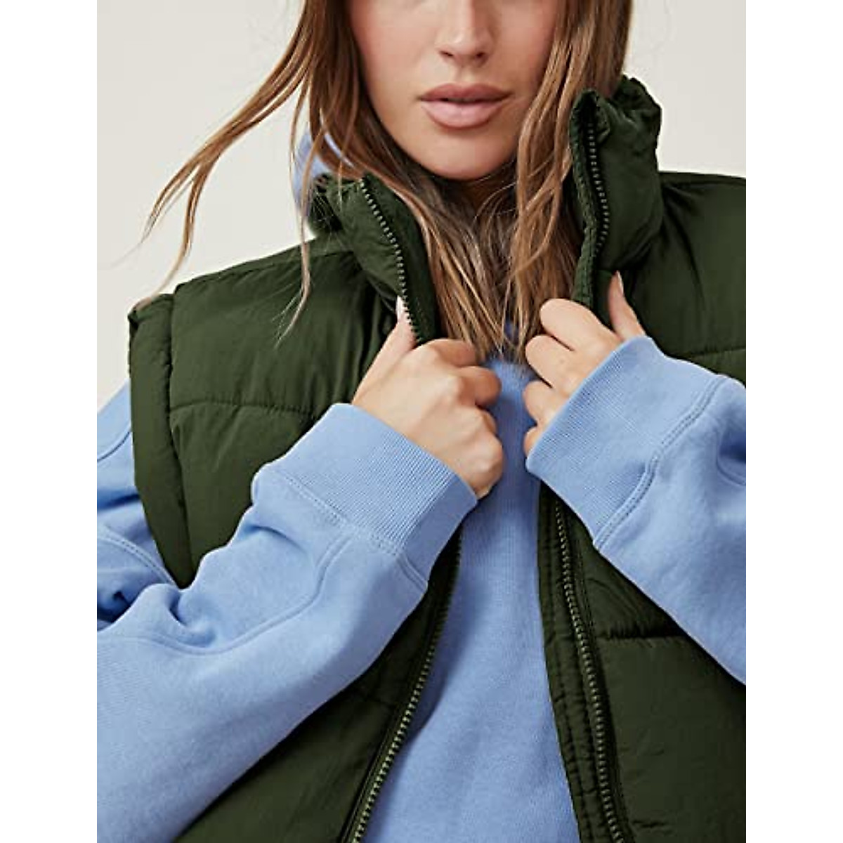 Watashi Women's Quilted Puffer Vest Stand Collar Fall Drawstring Zip Up Sleeveless Gilet Jacket(ArmyGreen-M)