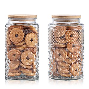 Galazzz 90 oz | 0.7 Gallon Large Cookie Jar, Glass Jar with Airtight Lid, Decorative Kitchen Canister with Bamboo Lids, Candy Jar | Glass Storage Air tight Glass 2600ml Round & Square