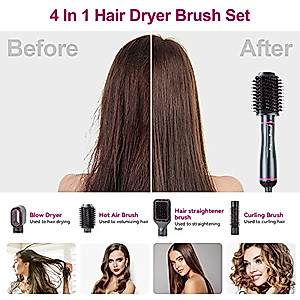 Hair Dryer Brush, 4 in 1 Detachable Blow Dryer & Volumizer Styler Hot Air Brush Hair Dryer Brush Blow Dryer Brush in One for Hair Drying Volumizing Straightening Curling Styling