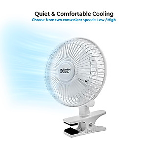 Comfort Zone CZ6C 6-inch Quiet Portable Indoor 2-Speed Desk Fan with Clip and Fully Adjustable Tilt, White for Home, Office, Bedroom