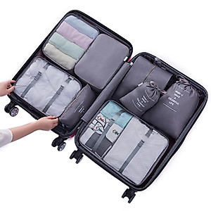 Belsmi 9 Set Packing Cubes with Shoe Bag - Compression Travel Luggage Organizer (9pcs Grey)