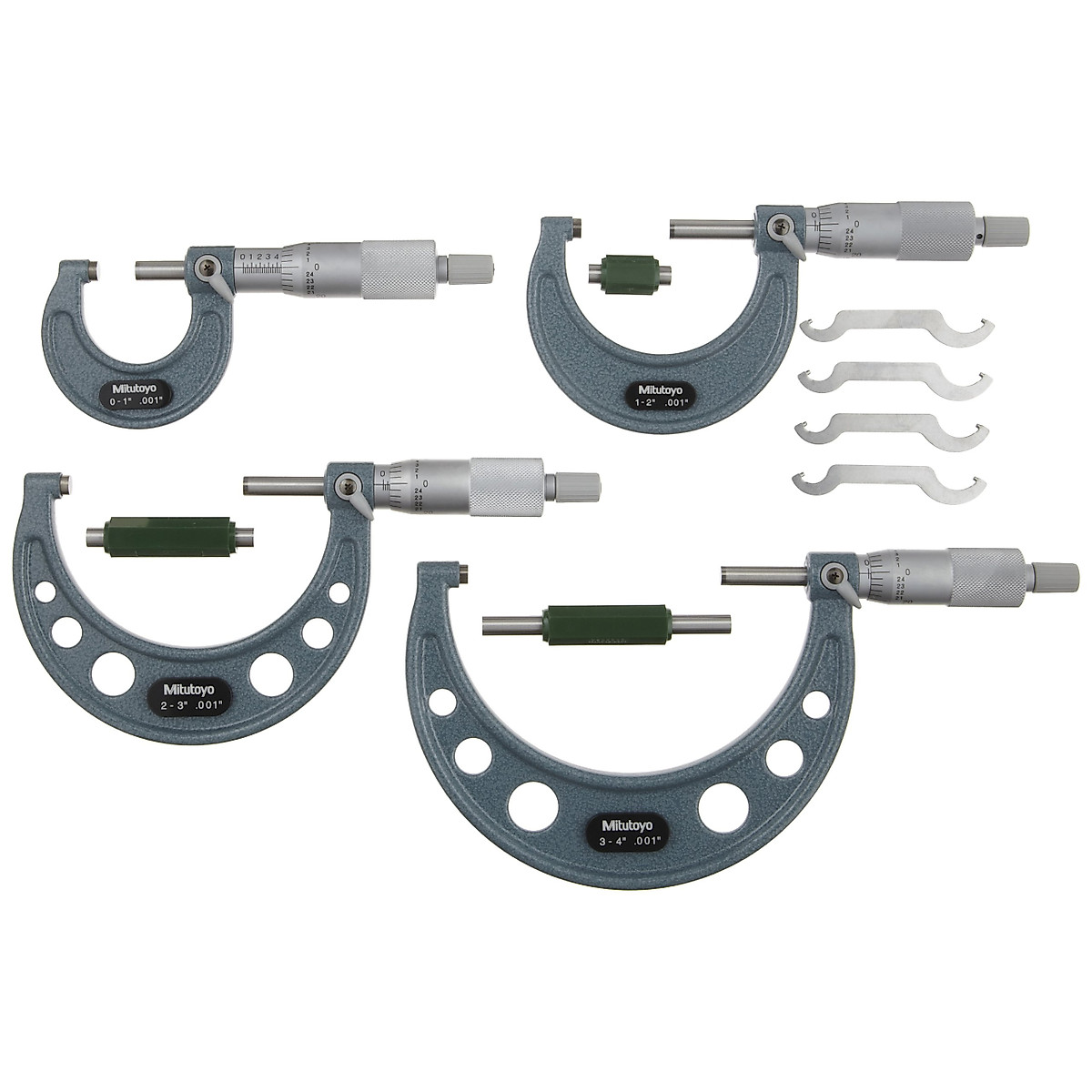 Mitutoyo 103-930 Outside Micrometer Set with Standards, Ratchet Stop, 0-4" Range, 0.001" Graduation (4 Piece Set)