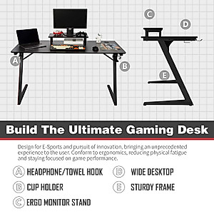 TOPSKY Gaming Computer Desk Home Office Gaming Table with Cup Holder Headphone Hook Z Shaped Leg(55”, All Black)