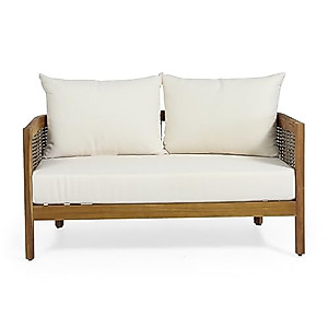Merax Outdoor Acacia Wood Wicker Conversation Set 2 Seater with Loveseat and Coffetable for Backyard