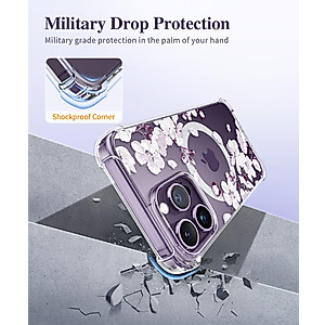 GVIEWIN for iPhone 14 Pro Max Case Compatible with MagSafe, [Screen Protector + Camera Lens Protector][MIL-Grade Protection] Magnetic Floral Clear Shockproof Women for 14 Pro Max Phone Case(Foliolosa)