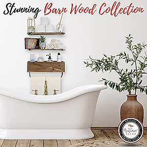Autumn Alley Rustic Farmhouse Bathroom Shelves Wall Mounted – Industrial Floating Shelves for Bathroom with Towel Bar – Stunning Inlaid Wood Design, Above Toilet Shelves Rustic Towel Rack