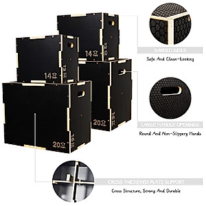 Fitvids 3 in 1 Non-Slip Wooden Plyo Box Plyometric Box Jumping Exercise, 12x14x16 Inches, Black