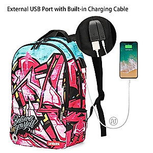 Hip Hop Backpack Teens,Graffiti Backpack for School,Casual Daypack,Designer Laptop Backpack,Computer Backpack for Laptop 15.6 Inch,High School Backpack Pink,College Backpack with USB Charging Port