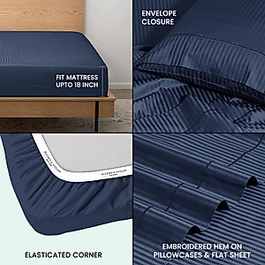 Feather & Stitch 500 TC Twin Size Damask Bed Sheet Set, 100% Cotton Soft Breathable Bedsheets, 3 Piece 18" Deep Pockets Sateen Weave Striped Bedding Mattress Resort Hotel Luxury- (Dark Blue, Twin)
