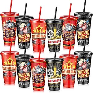 Uiifan 12 Pcs Movie Night Cups 24oz Movie Night Supplies Reusable Tumbler with Lid and Straw Movie Party Decorations Birthday Party Favors