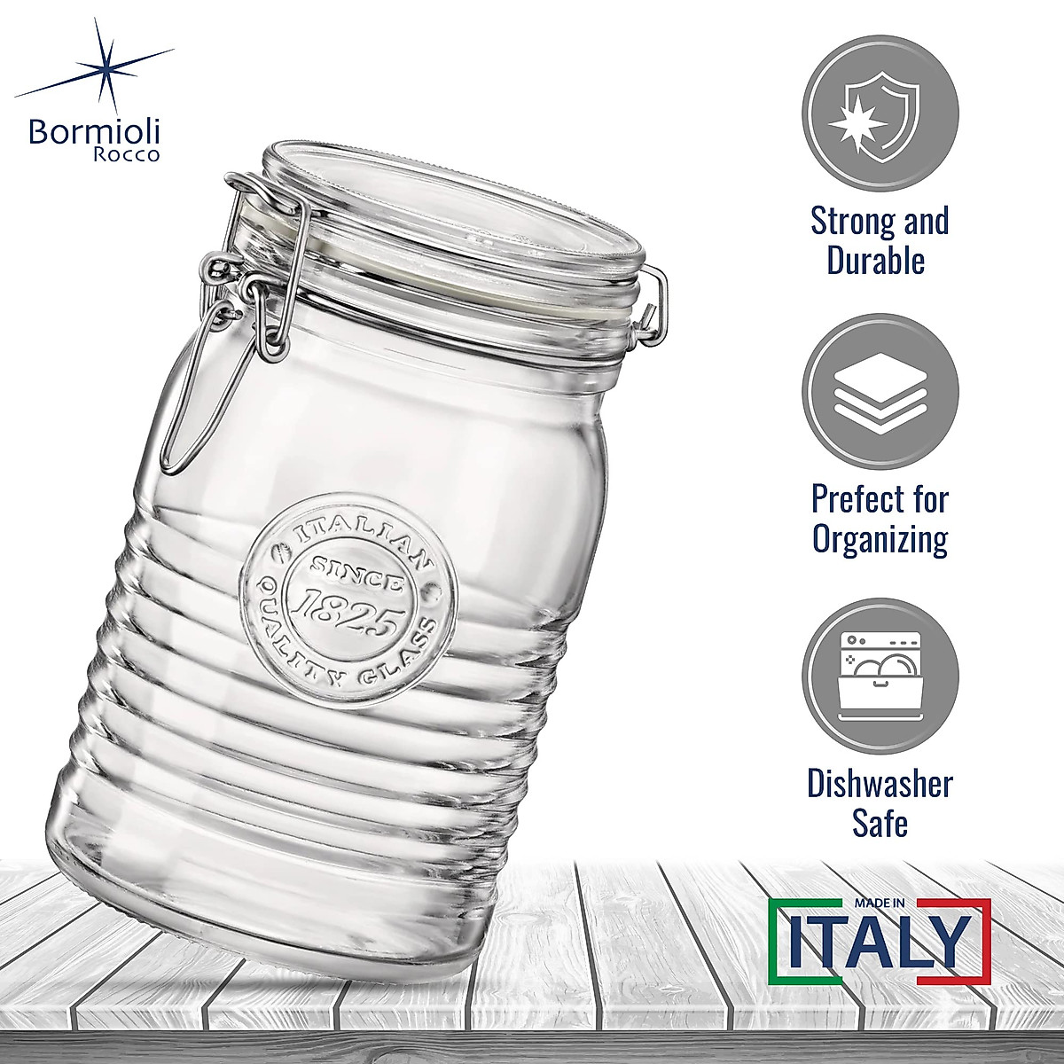Bormioli Rocco Officina 1825 Variety Pack, Set Of 3 Glass Jars (33.75 Oz. 25.25 Oz. 17 Oz.), Wide Opening, With Airtight Hinged Lid, clear, Made In Italy.