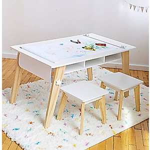 Wildkin Kids Arts and Crafts Table Set for Boys and Girls, Mid Century Modern Design Table Includes Two Stools, Paper and Storage Cubbies Underneath Helps Keep Art Supplies Organized (White)