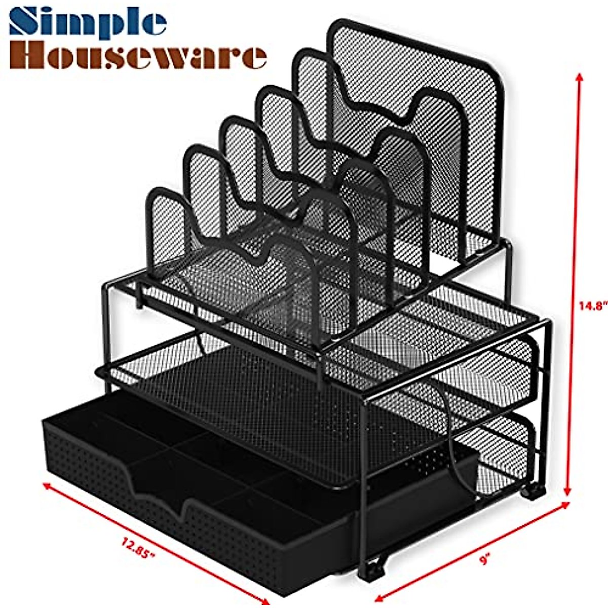SimpleHouseware Mesh Desk Organizer with Sliding Drawer, Double Tray and 5 Stacking Sorter Sections, Black