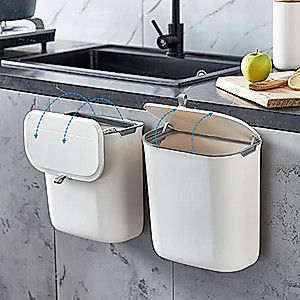 ELPHECO Kitchen Compost Bin, 2.5 Gallon Hanging Trash Can with Lid, Kitchen Cabinet Door Under Sink Plastic Garbage Can Compost Bin Wall Mounted Slide Open, White