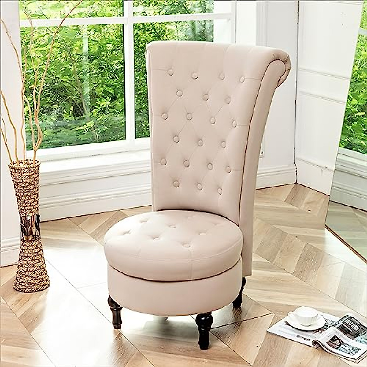 Container Furniture Direct Royal High-Back Velvet Accent Chair for Vanity with Storage and Luxurious Upholstery, Retro Design and Versatile Usage for Living Room, Bedroom, Lounge and Office, Ivory