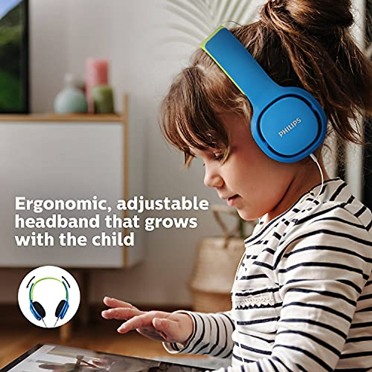 PHILIPS Coolplay Kids On-Ear Headphones - 85dB Volume Limiter - Safer Hearing (SHK2000BL), Blue & Green