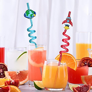 Outer Space Straws Party Favors for Theme Birthday Party Supplies with 2 Cleaning Brush | Solar System Rocket Spaceship Astronaut Satellite Planet Attachments (24+2)