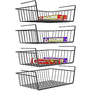 Under Shelf Basket, iSPECLE 4 Pack Under Cabinet Organizer Easy to Install and Use Versatile Metal Pantry Organizer Add Storage to Kitchen Cabinet Pantry Cupboards and Shelves, Black