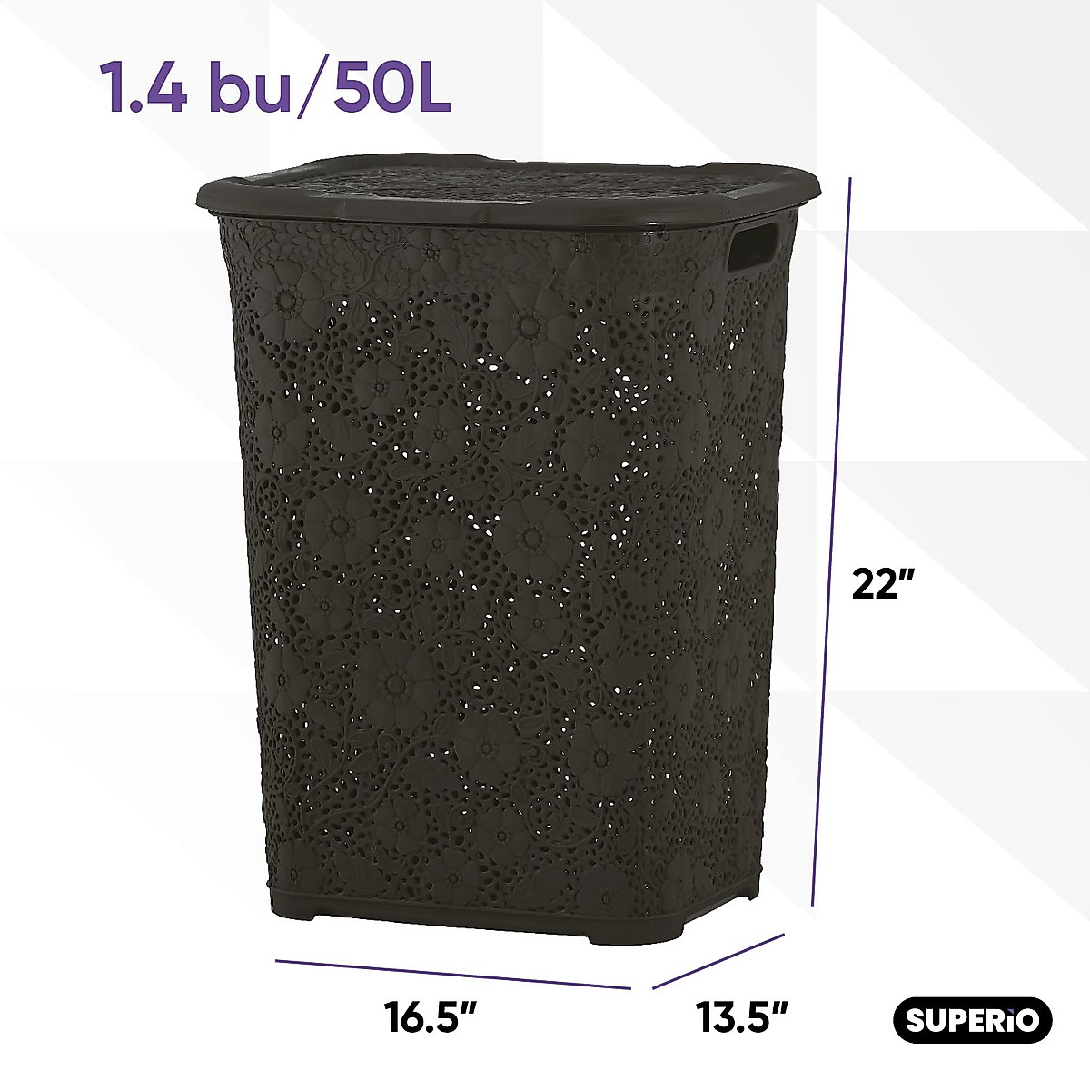 Superio Laundry Hamper with Lid Lace Design 50 Liter - Brown Laundry Hamper Basket with Cutout Handles, Rectangular Shape Modern Style Bin -Dirty Cloths Storage