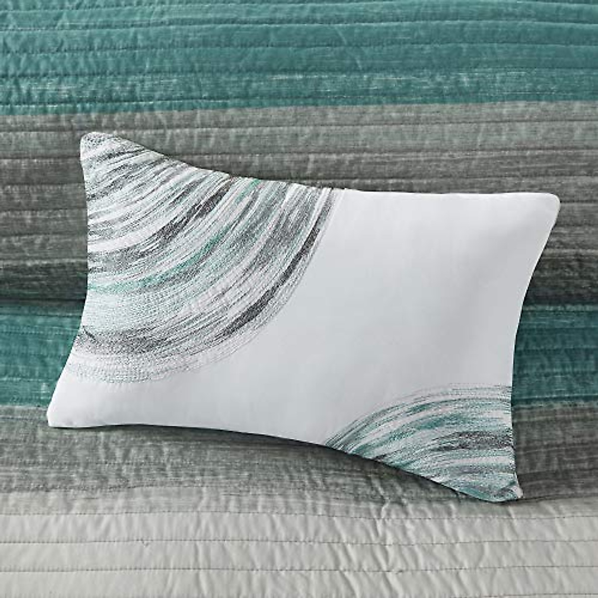 Madison Park Essentials Saben Cozy Bed in A Bag Reversible Quilt with Complete Cotton Sheet Set-Geometric Design All Season Cover, Decorative Pillow, Twin(68"x86"), Stripes Aqua 6 Piece