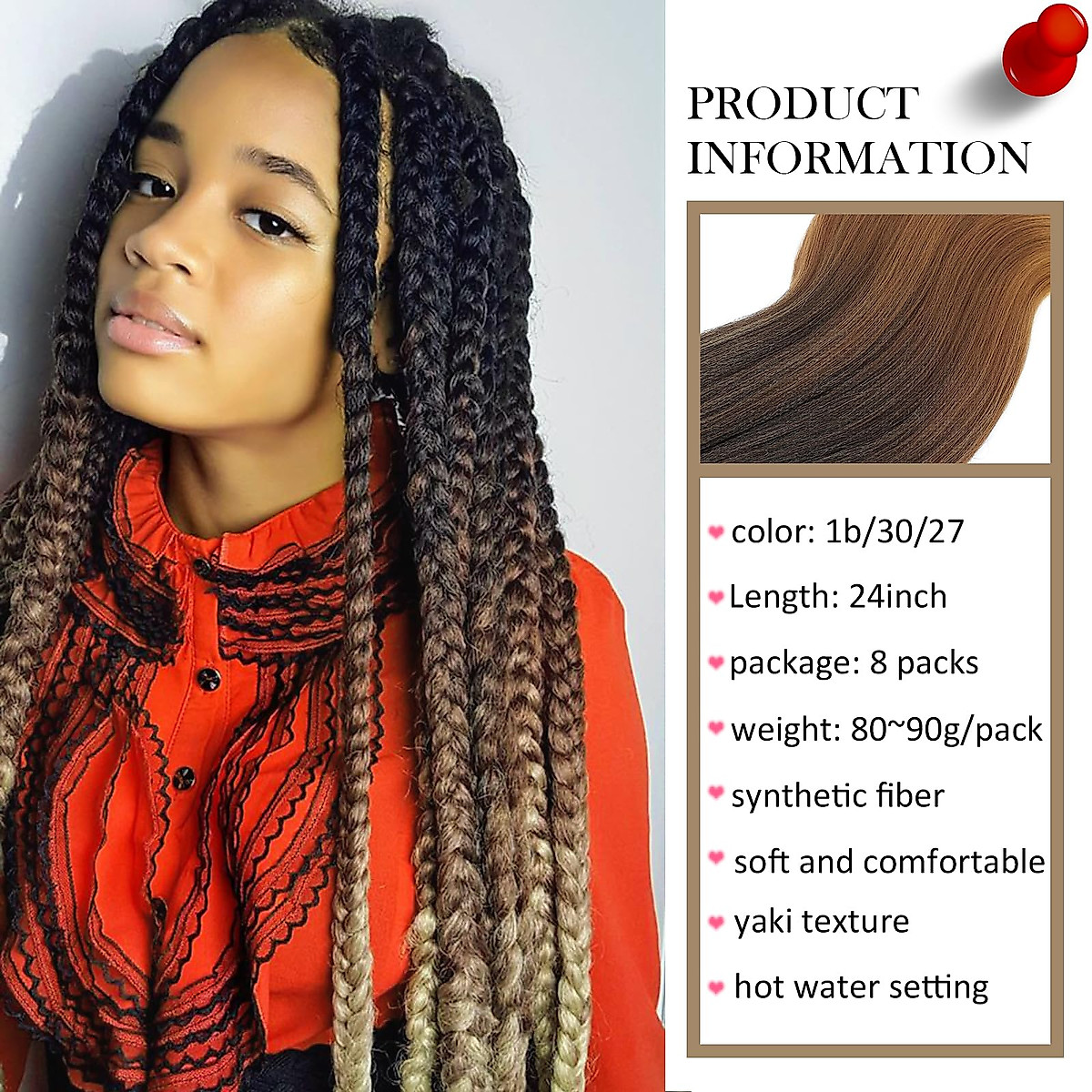 Ombre Pre-stretched Braiding Hair, Top Silky Braid Hair Extensions, Itch Free Crochet Twist Hair Braids, Yaki Texture Original Braiding Hair Pre Stretched, 0.21 pound/bundle (24''-8 bundles, 1b/30/27)