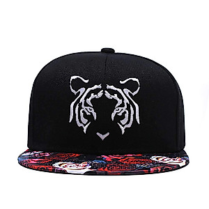 CLOTIME Tiger Embroidered Floral Snapback Hat 3D Rose Floral Print Visor Caps Twill Flat Bill Adjustable Baseball Cap (Black Rose Tiger)