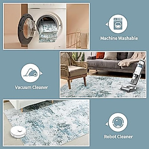 HOMBYS 10x14 ft Modern Abstract Area Rug for Living Room Bedroom, Large Floor Carpet with Non-Slip Backing for Indoor Office Dining Room, Boho Home Deco, Blue, Machine Washable