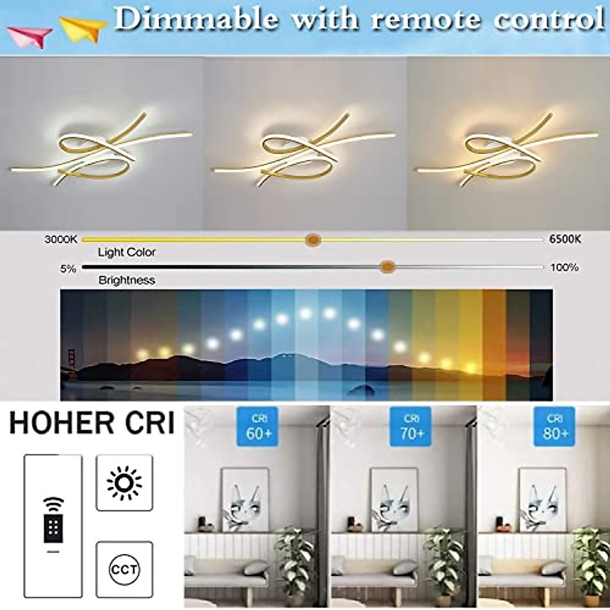 MayNuo Led Ceiling Light Gold Dimmable Living Room Lamp Chic Fashion Design Dining Table Lamps Modern Ceiling Lamp with Remote Control for Bedroom, Kitchen, Dining Room, 68Watt, L100Cm (Gold)