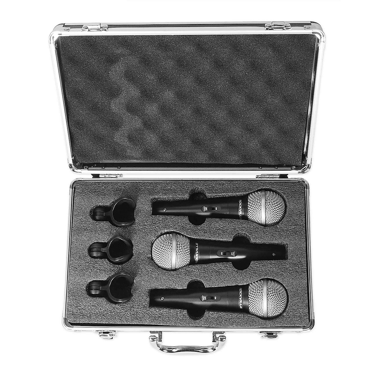 Rockville RMC-3PK 3 Pack Metal Wired Vocal/Instrument/DJ Microphones+Metal Case, Black
