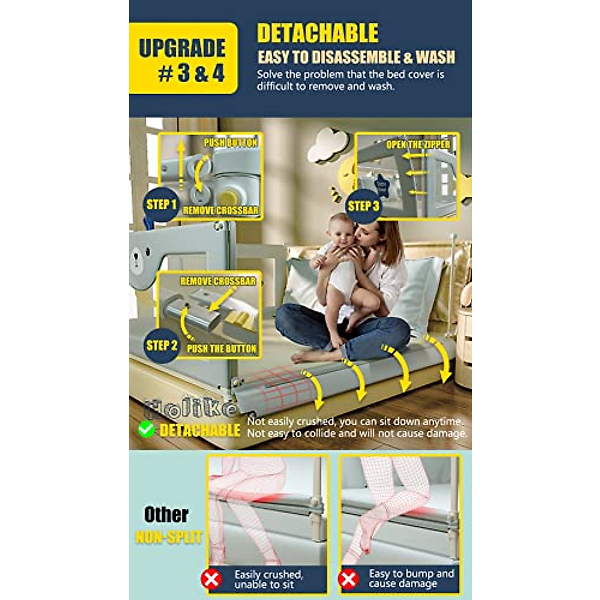 CuteBear Bed Rails for Toddlers - 60" 70" 80" Extra Long Baby Bed Rail Guard (3 Sides: Perfect for Full Bed, Include 3 Sides)