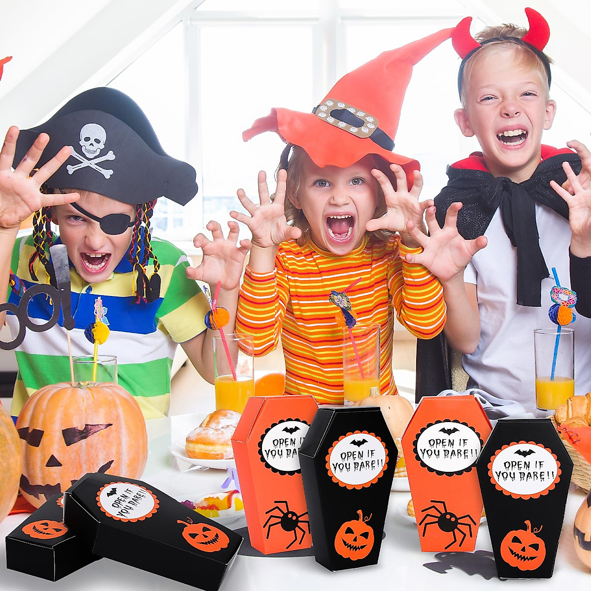 JarThenaAMCS 48Pcs Halloween Candy Coffin Paper Box Pumpkin Spider Treat Box Orange Black Gift Box for Trick or Treat Halloween Party Favor Supplies