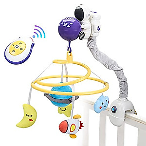 Baby Crib Mobile with Safety Buckle Lock,Music,Light Projector,3 Modes(Rotate,Natural light,Lullaby)2 Volume Control,Slow Silent Rotation,Remote Control,Five Soft Toys-Eapura Space Stars Station Theme