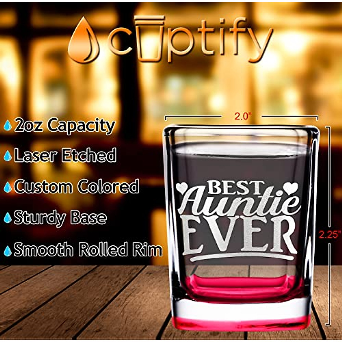 Aunt Gift Idea Best Auntie Ever 2oz Red Colored Square Shot Glasses Set of 2 Etched Party Favors Cool Birthday Gifts for Auntie, Her, Sister, Women